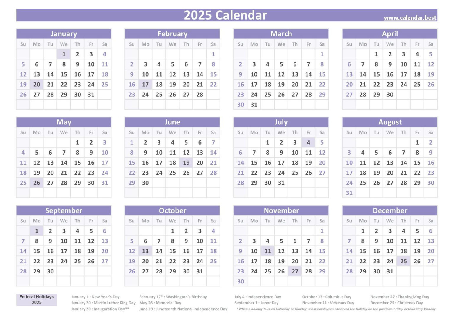 2025 Calendar with Federal Holidays Printable Free | Calendar 2025