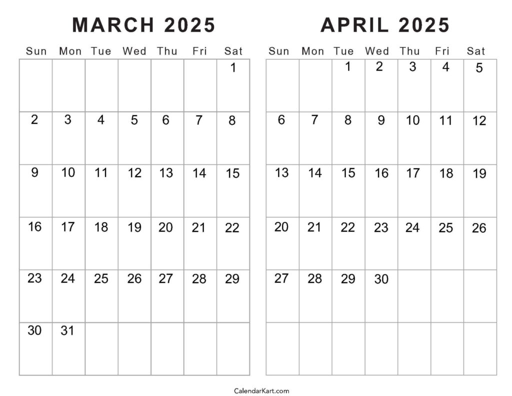 2 Month March April 2025 Calendar Printable | Calendar 2025