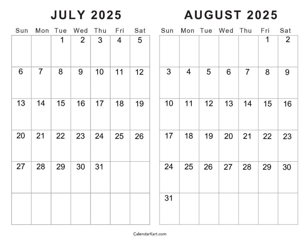Free Printable July and August Calendar 2025 | Calendar 2025