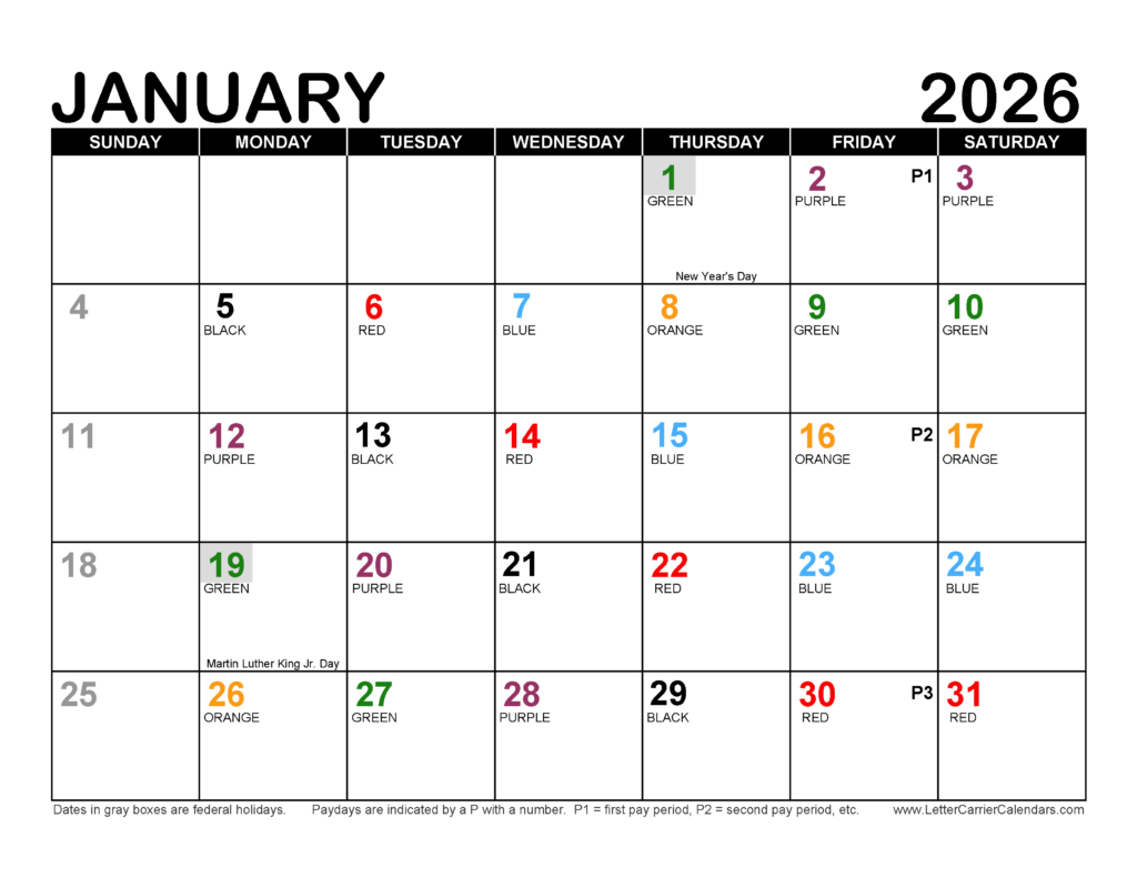 USPS Color Coded Calendar 2026 Printable | Calendar 2025