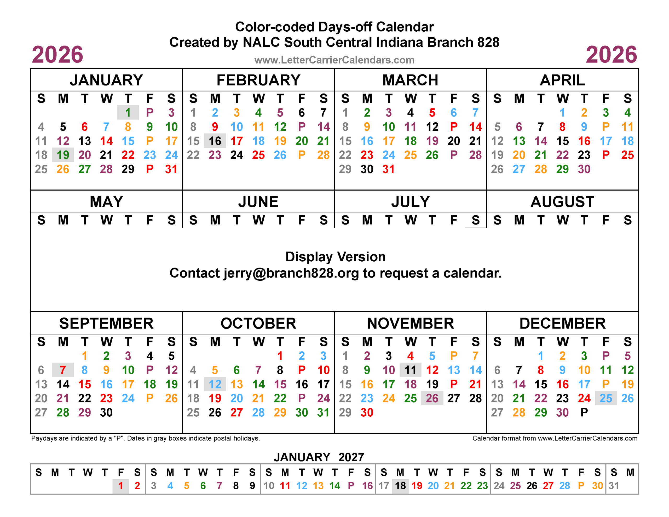 USPS Color Coded Calendar 2026 Printable Calendar 2025