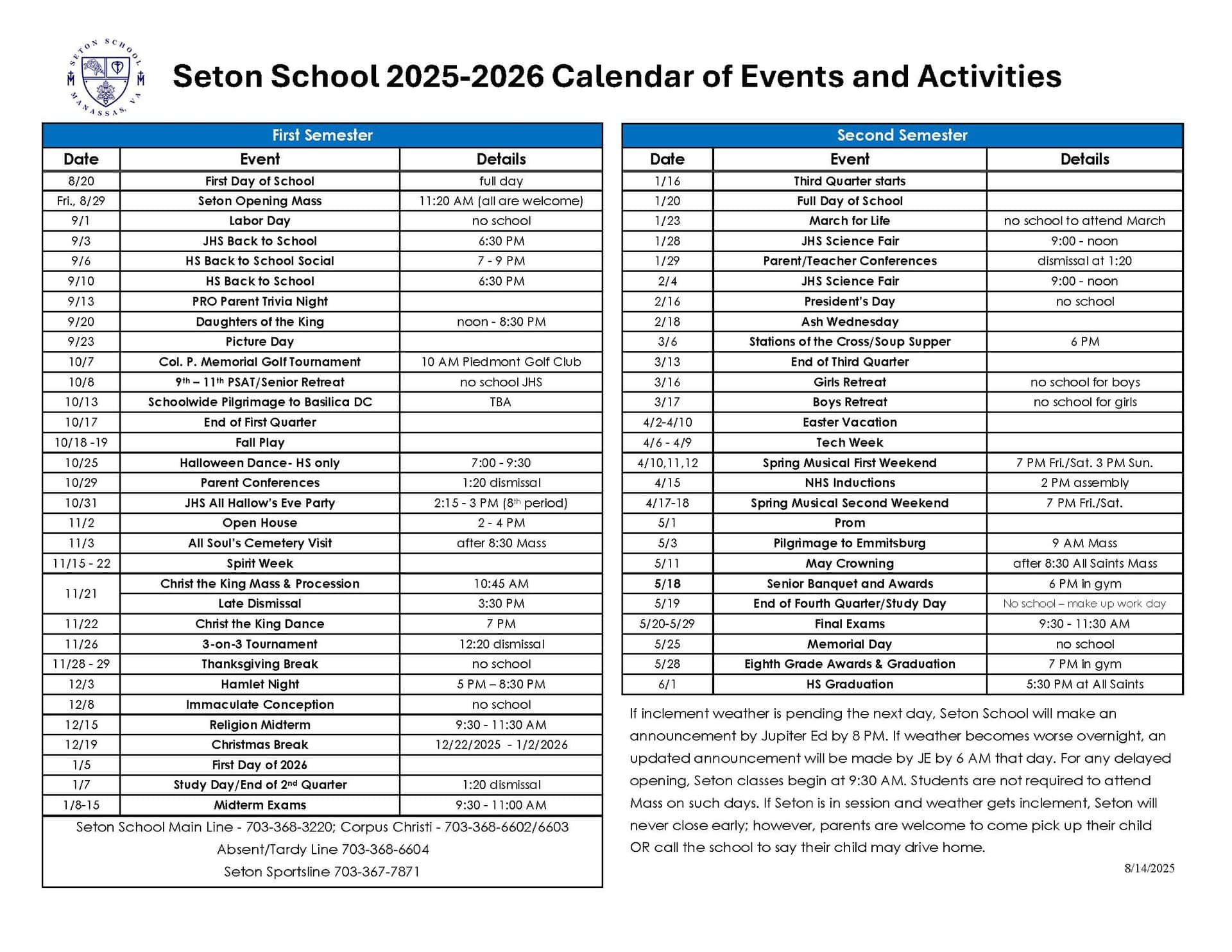 Seton Catholic College Calendar 2026 | Calendar 2025