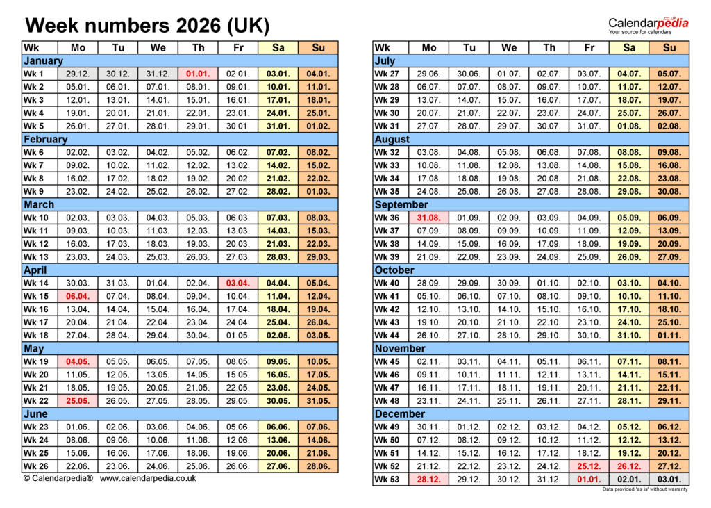 2026 52 Week Calendar Printable | Calendar 2025